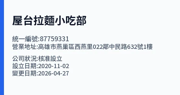屋台拉麵小吃部的照片-統編 87759331(高雄市) 公司登記資料與營業項目詳細圖表