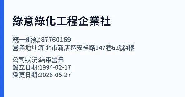 綠意綠化工程企業社的照片-統編 87760169(新北市) 公司登記資料與營業項目詳細圖表