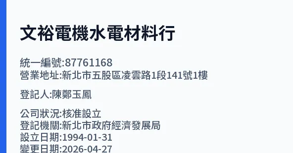 文裕電機水電材料行的照片-統編 87761168(新北市) 公司登記資料與營業項目詳細圖表