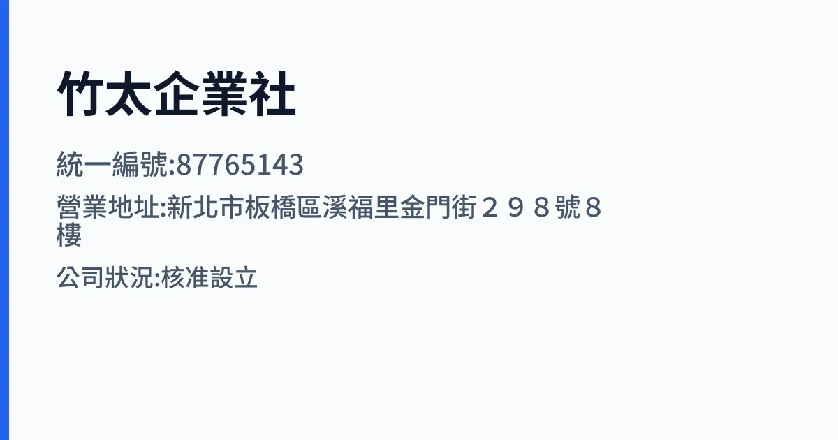 竹太企業社 - 統編 87765143(新北市) 公司登記資料與營業項目詳細圖表