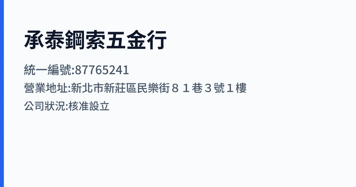 承泰鋼索五金行 - 統編 87765241(新北市) 公司登記資料與營業項目詳細圖表
