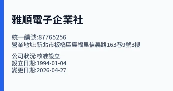 雅順電子企業社的照片-統編 87765256(新北市) 公司登記資料與營業項目詳細圖表