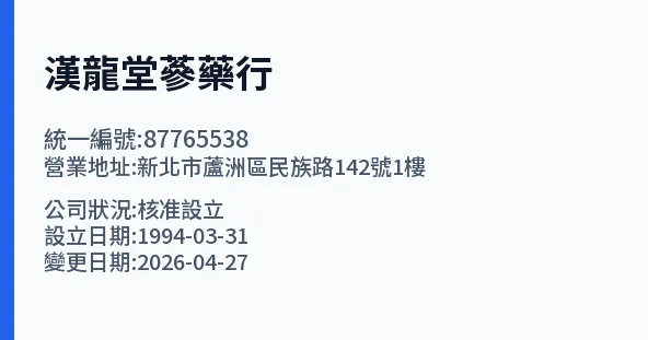 漢龍堂蔘藥行的照片-統編 87765538(新北市) 公司登記資料與營業項目詳細圖表