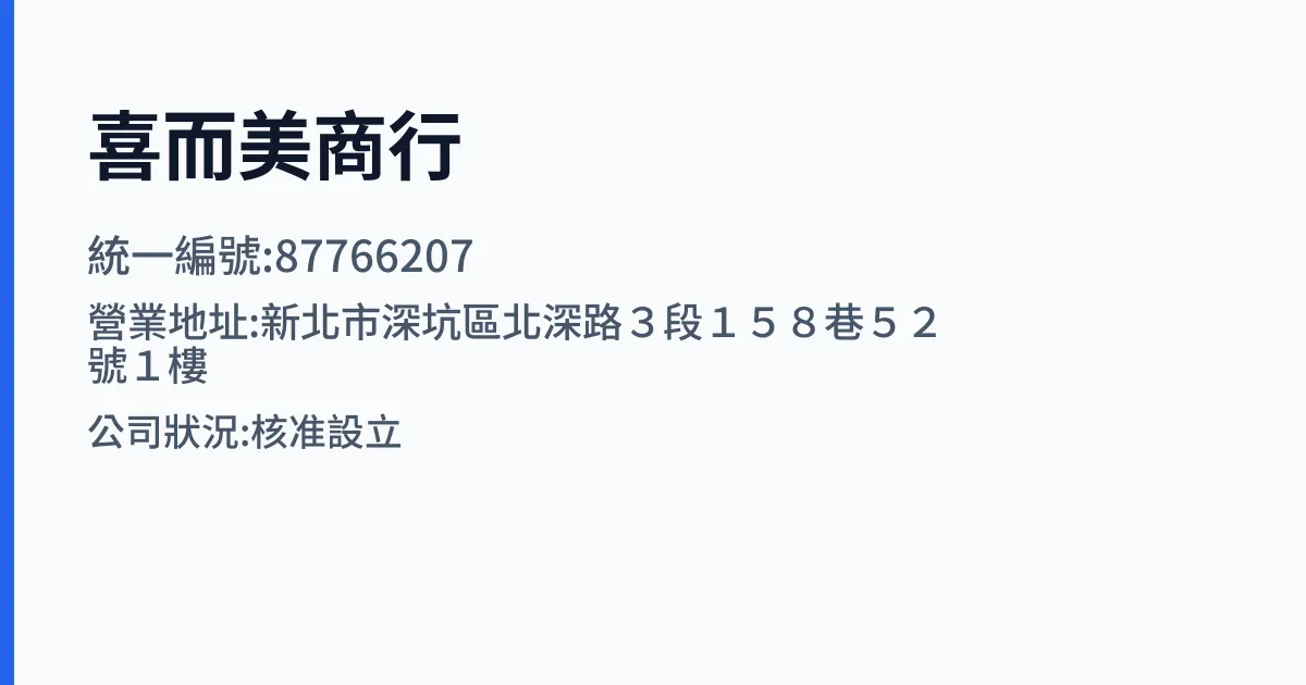 喜而美商行 - 統編 87766207(新北市) 公司登記資料與營業項目詳細圖表