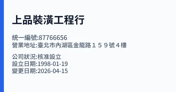 上品裝潢工程行的照片-統編 87766656(臺北市) 公司登記資料與營業項目詳細圖表