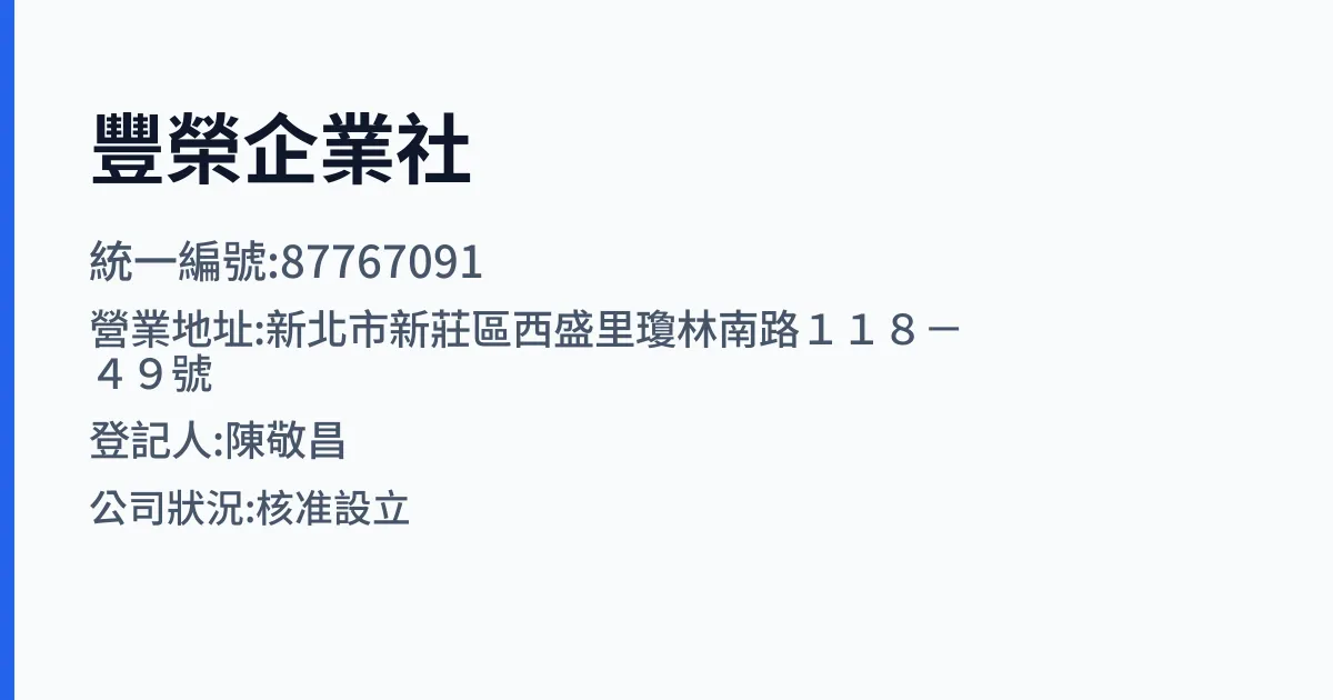 豐榮企業社 - 統編 87767091(新北市) 公司登記資料與營業項目詳細圖表