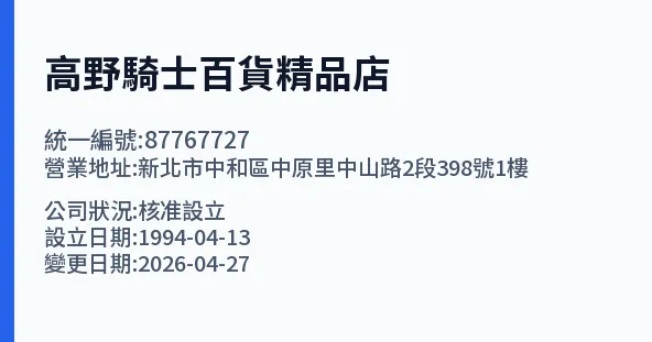 高野騎士百貨精品店的照片-統編 87767727(新北市) 公司登記資料與營業項目詳細圖表