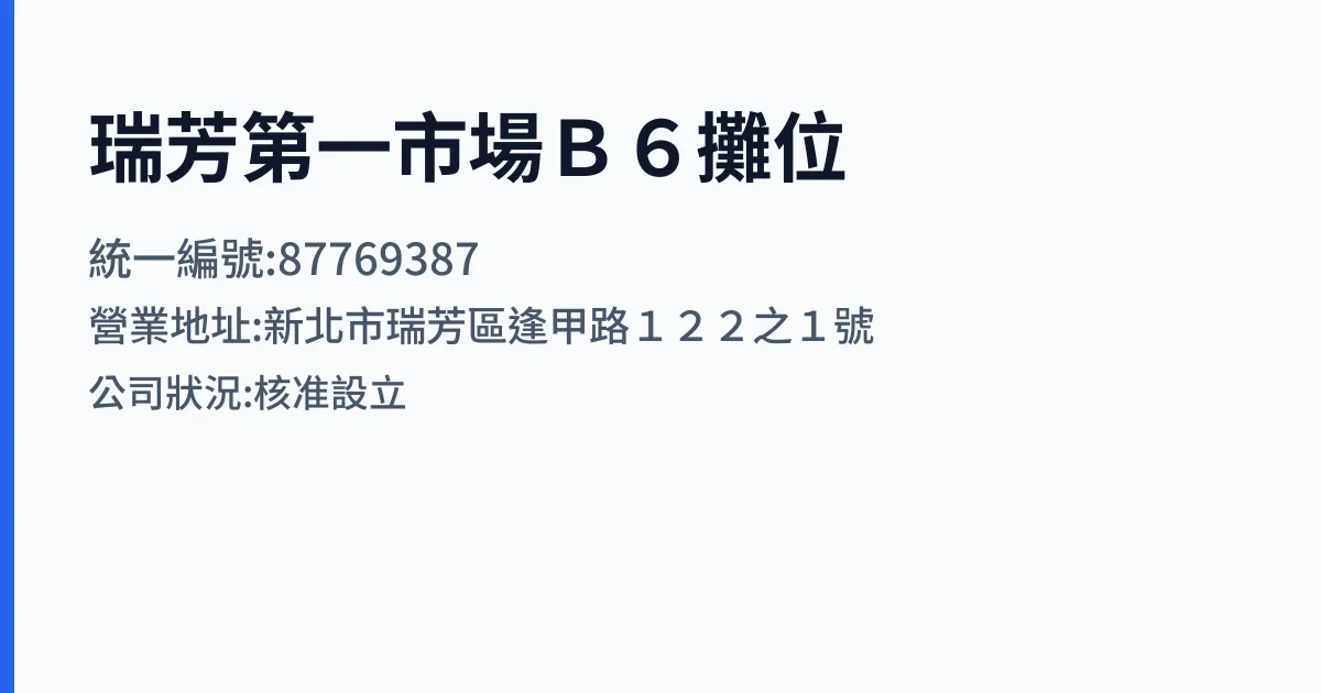 瑞芳第一市場Ｂ６攤位 - 統編 87769387(新北市) 公司登記資料與營業項目詳細圖表