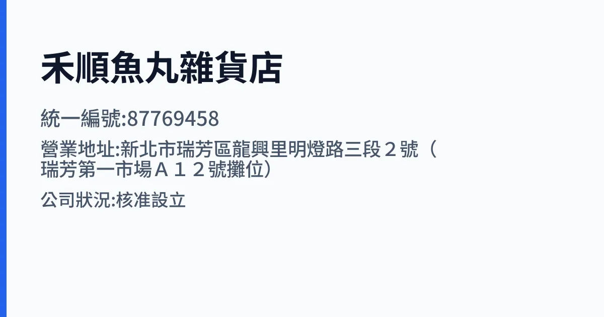 禾順魚丸雜貨店 - 統編 87769458(新北市) 公司登記資料與營業項目詳細圖表