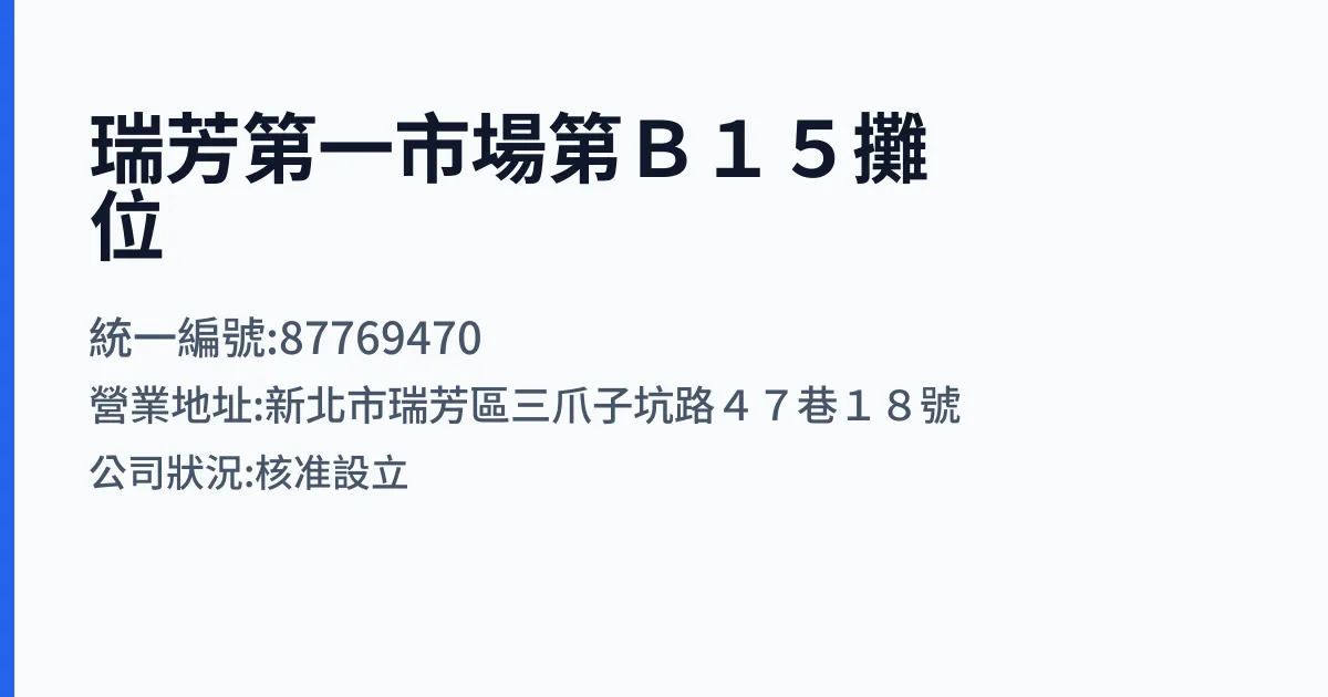 瑞芳第一市場第Ｂ１５攤位 - 統編 87769470（新北市） 公司登記資料與營業項目詳細圖表