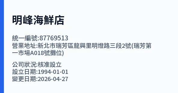 明峰海鮮店的照片-統編 87769513(新北市) 公司登記資料與營業項目詳細圖表