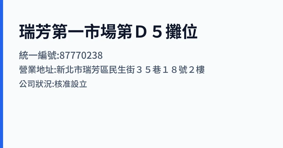 瑞芳第一市場第D5攤位 - 統編 87770238(新北市) 公司登記資料與營業項目詳細圖表
