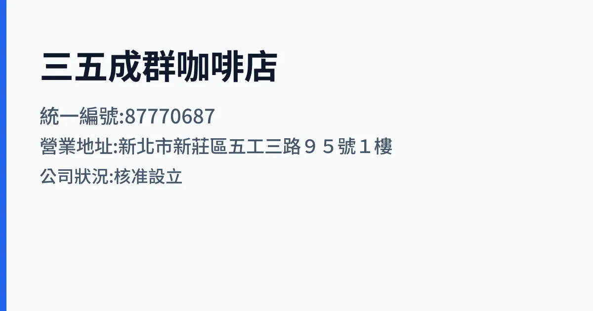 三五成群咖啡店 - 統編 87770687(新北市) 公司登記資料與營業項目詳細圖表