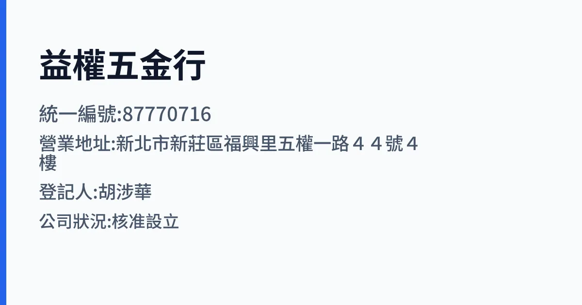 益權五金行 - 統編 87770716(新北市) 公司登記資料與營業項目詳細圖表