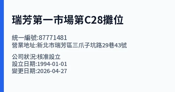 瑞芳第一市場第C28攤位的照片-統編 87771481(新北市) 公司登記資料與營業項目詳細圖表