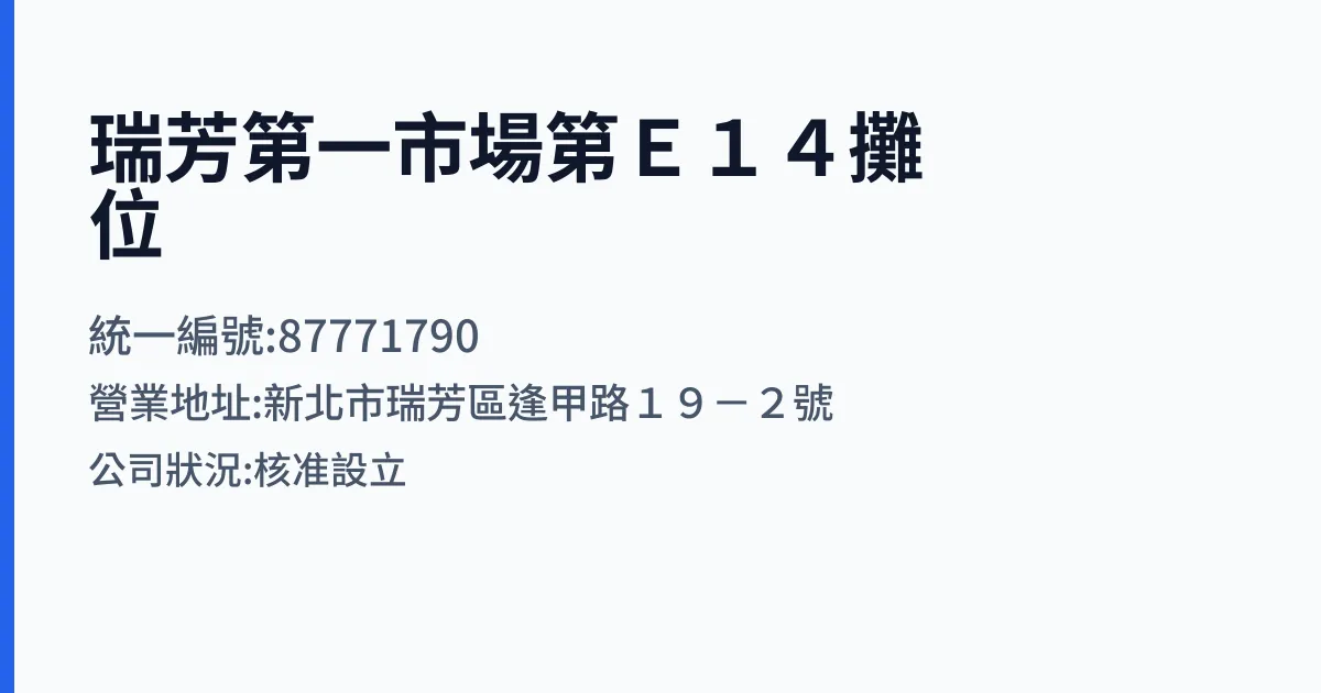 瑞芳第一市場第E14攤位 - 統編 87771790(新北市) 公司登記資料與營業項目詳細圖表