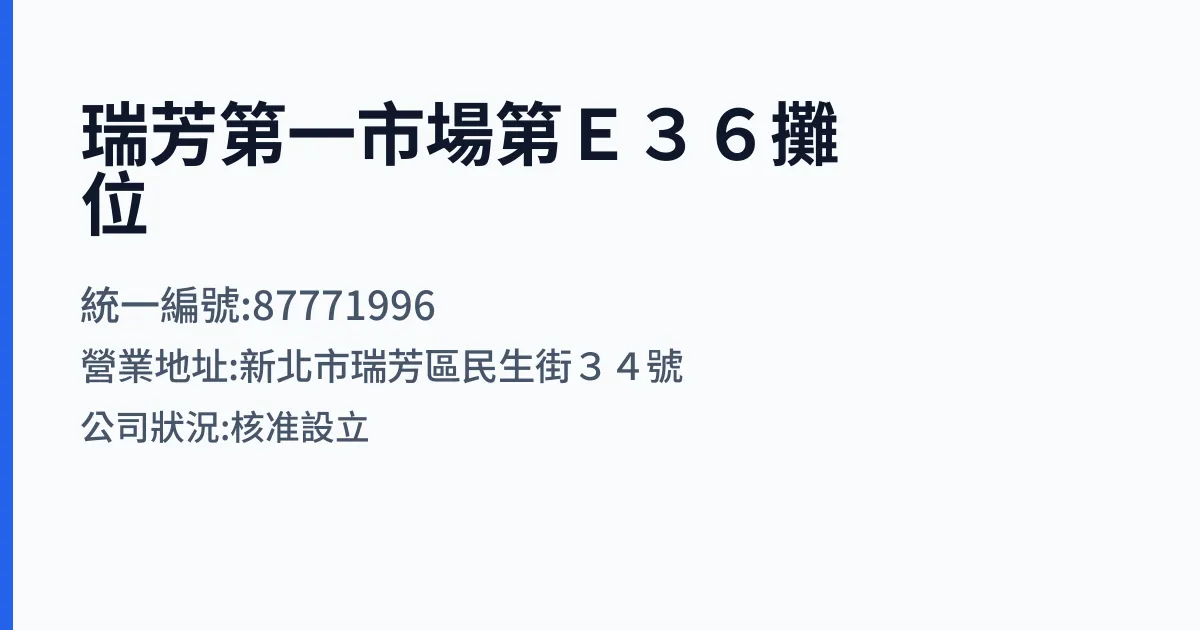 瑞芳第一市場第E36攤位 - 統編 87771996(新北市) 公司登記資料與營業項目詳細圖表