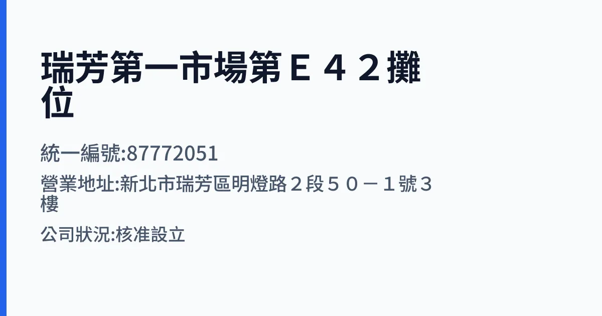 瑞芳第一市場第E42攤位 - 統編 87772051(新北市) 公司登記資料與營業項目詳細圖表