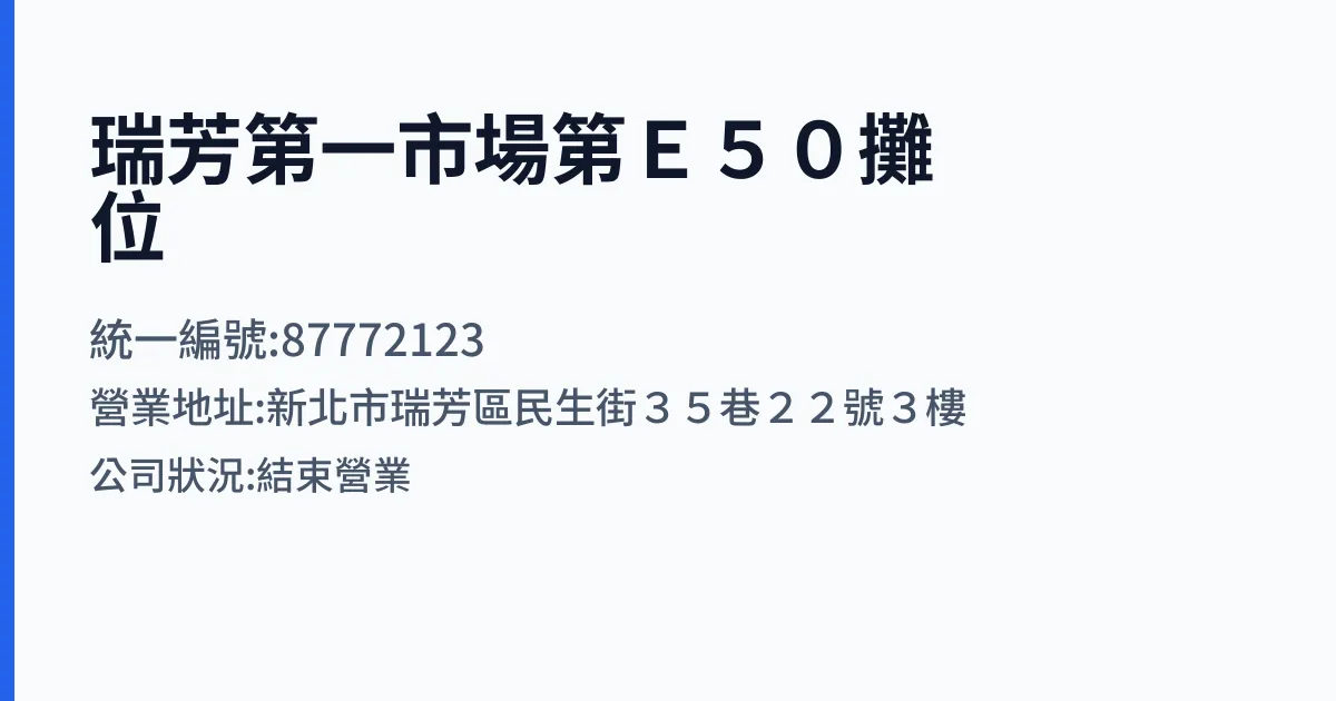 瑞芳第一市場第E50攤位 - 統編 87772123(新北市) 公司登記資料與營業項目詳細圖表