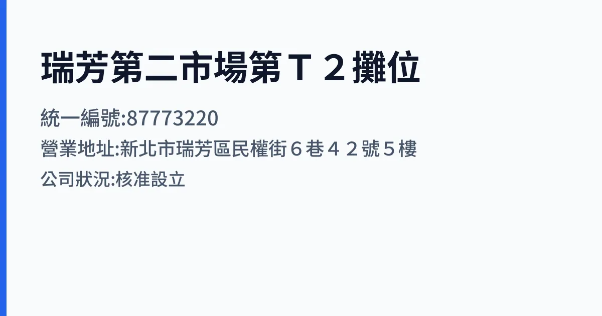 瑞芳第二市場第Ｔ２攤位 - 統編 87773220(新北市) 公司登記資料與營業項目詳細圖表