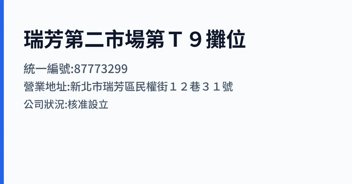 瑞芳第二市場第T9攤位 - 統編 87773299(新北市) 公司登記資料與營業項目詳細圖表