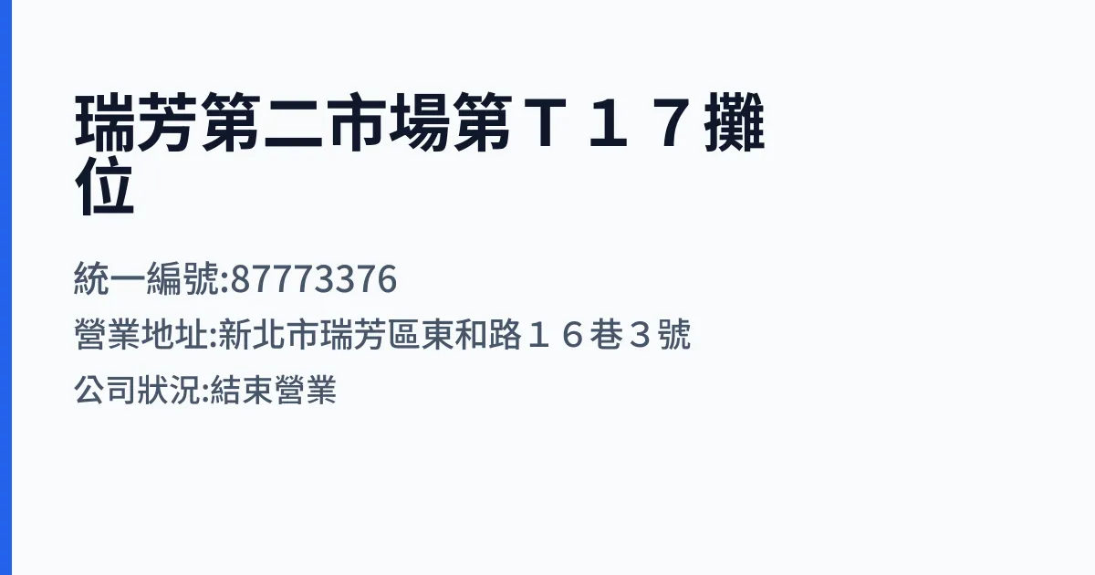 瑞芳第二市場第T17攤位 - 統編 87773376(新北市) 公司登記資料與營業項目詳細圖表