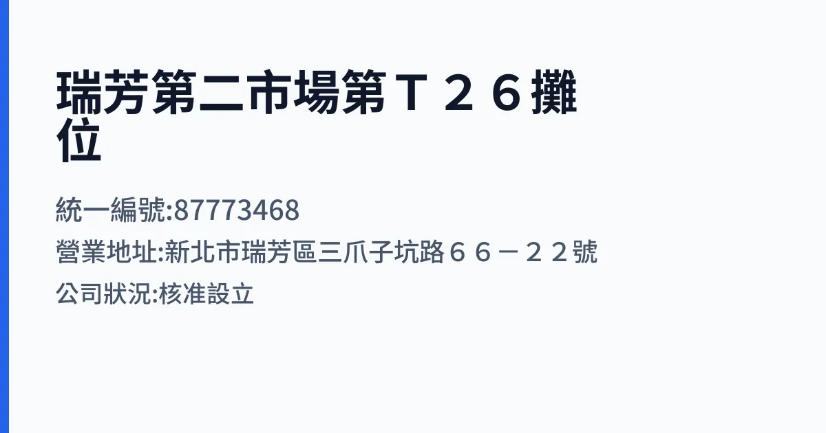 瑞芳第二市場第Ｔ２６攤位 - 統編 87773468(新北市) 公司登記資料與營業項目詳細圖表