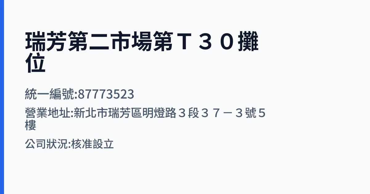 瑞芳第二市場第T30攤位 - 統編 87773523(新北市) 公司登記資料與營業項目詳細圖表