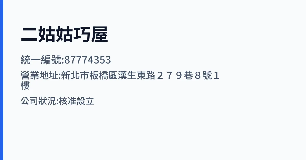 二姑姑巧屋 - 統編 87774353(新北市) 公司登記資料與營業項目詳細圖表