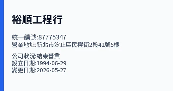 裕順工程行的照片-統編 87775347(新北市) 公司登記資料與營業項目詳細圖表