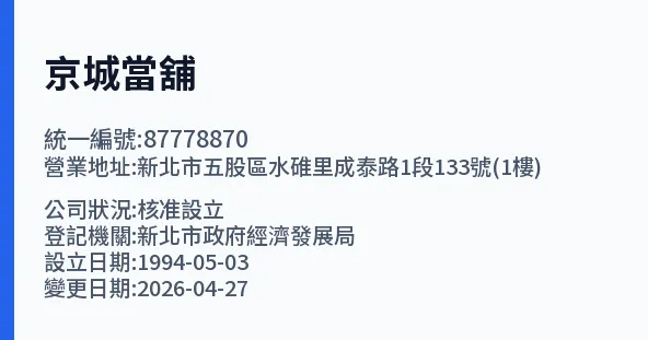 京城當舖的照片-統編 87778870(新北市) 公司登記資料與營業項目詳細圖表