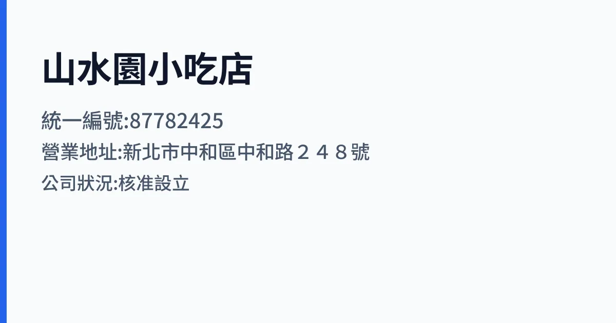 山水園小吃店 - 統編 87782425(新北市) 公司登記資料與營業項目詳細圖表