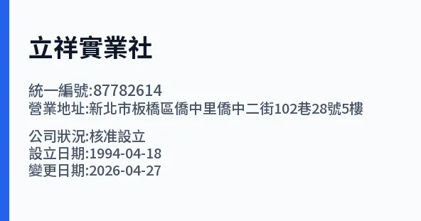 立祥實業社的照片-統編 87782614(新北市) 公司登記資料與營業項目詳細圖表