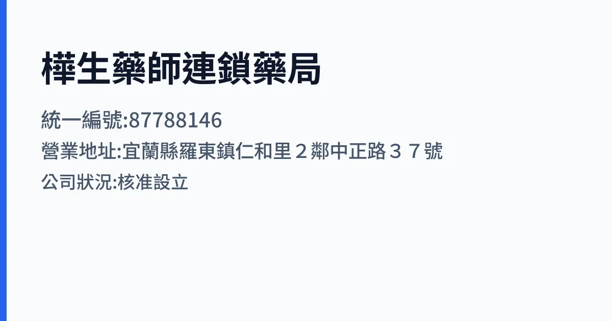 樺生藥師連鎖藥局 - 統編 87788146(宜蘭縣) 公司登記資料與營業項目詳細圖表