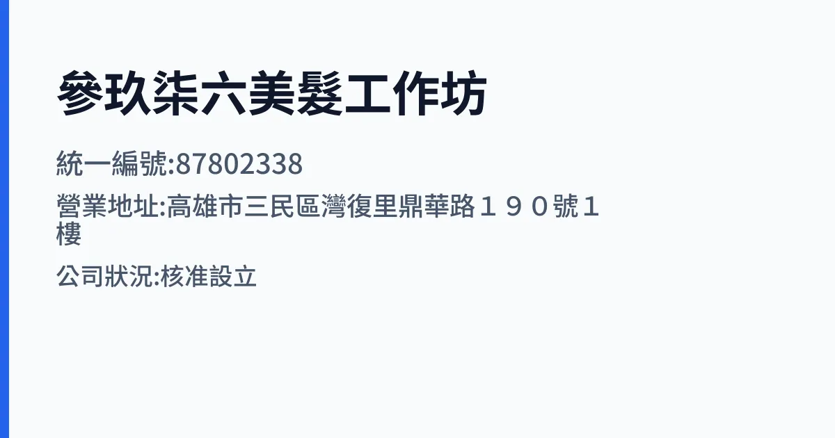 參玖柒六美髮工作坊 - 統編 87802338(高雄市) 公司登記資料與營業項目詳細圖表