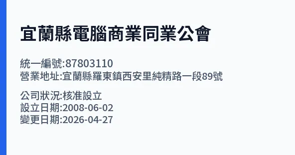宜蘭縣電腦商業同業公會的照片-統編 87803110(宜蘭縣) 公司登記資料與營業項目詳細圖表