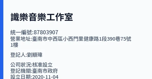 識樂音樂工作室的照片-統編 87803907(臺南市) 公司登記資料與營業項目詳細圖表