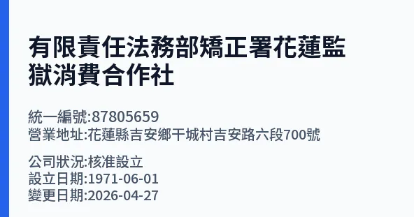 有限責任法務部矯正署花蓮監獄消費合作社的照片-統編 87805659(花蓮縣) 公司登記資料與營業項目詳細圖表