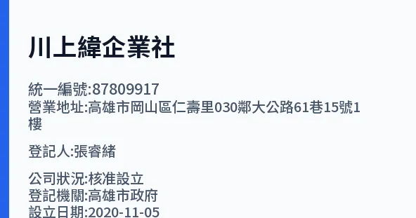 川上緯企業社的照片-統編 87809917(高雄市) 公司登記資料與營業項目詳細圖表