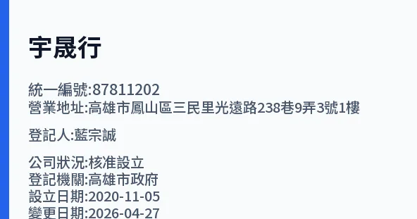 宇晟行的照片-統編 87811202(高雄市) 公司登記資料與營業項目詳細圖表