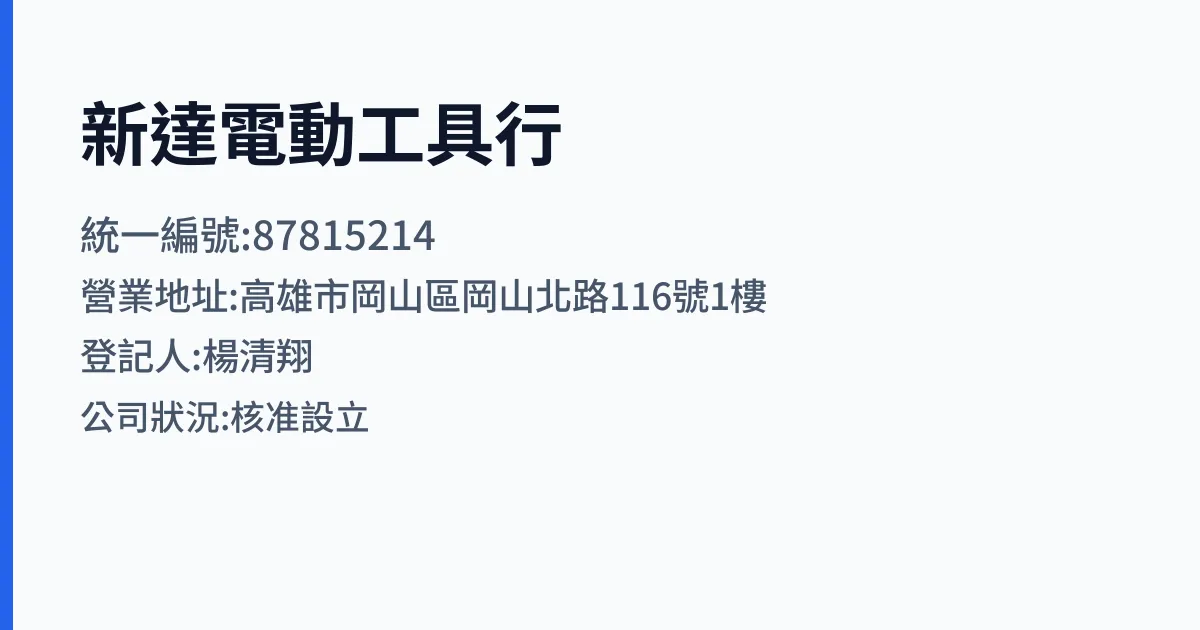 新達電動工具行 - 統編 87815214(高雄市) 公司登記資料與營業項目詳細圖表