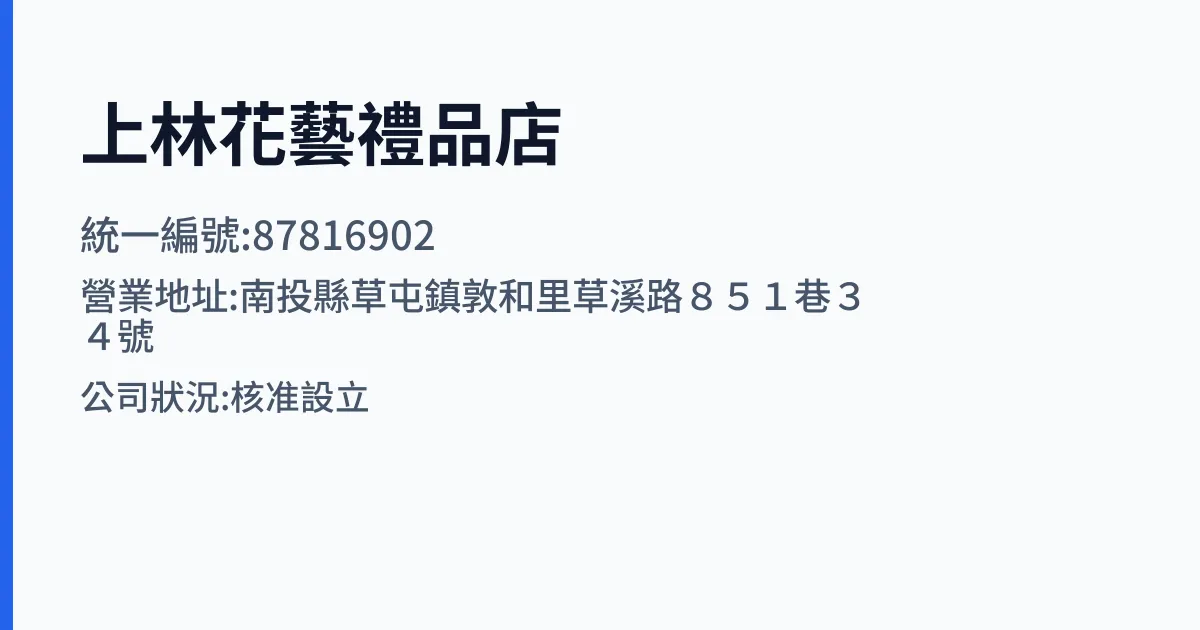 上林花藝禮品店 - 統編 87816902(南投縣) 公司登記資料與營業項目詳細圖表