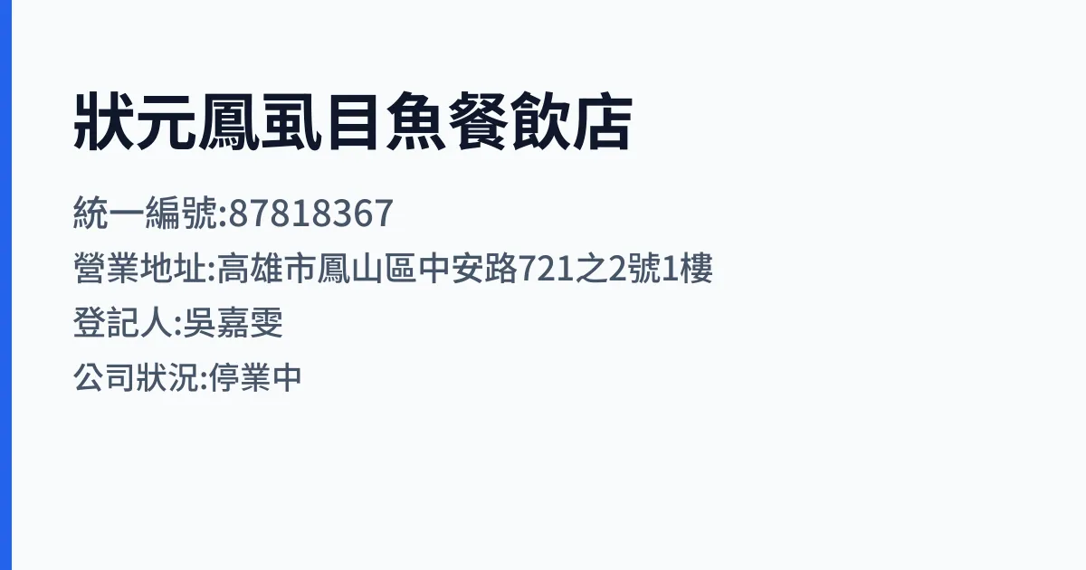 狀元鳳虱目魚餐飲店 - 統編 87818367(高雄市) 公司登記資料與營業項目詳細圖表