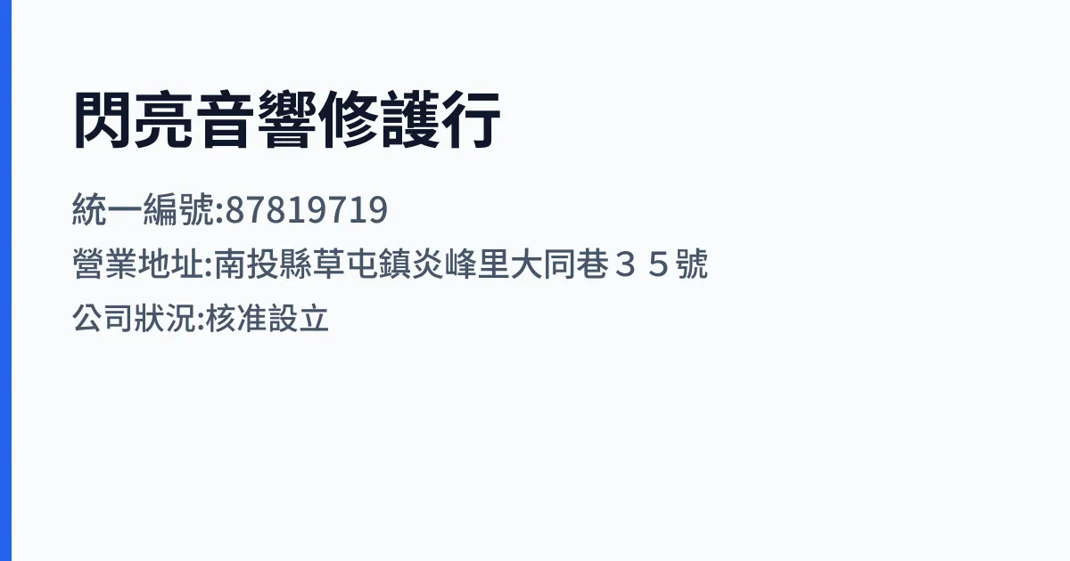 閃亮音響修護行 - 統編 87819719(南投縣) 公司登記資料與營業項目詳細圖表