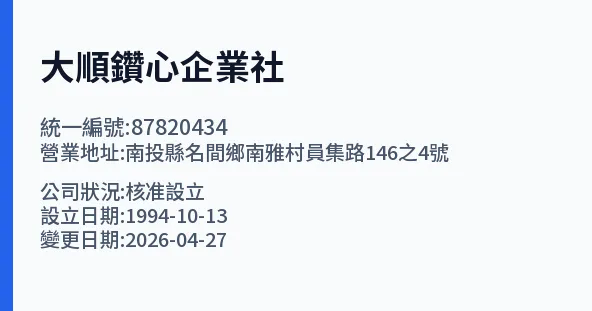 大順鑽心企業社的照片-統編 87820434(南投縣) 公司登記資料與營業項目詳細圖表