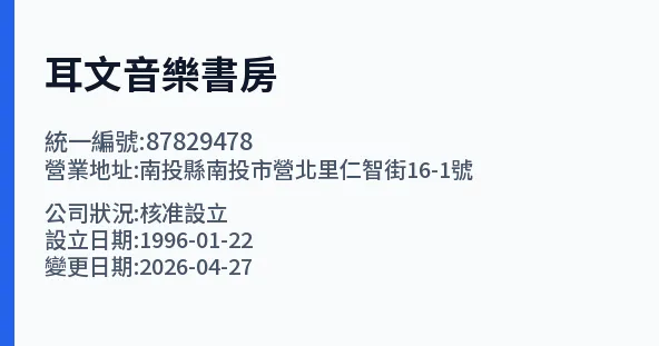 耳文音樂書房的照片-統編 87829478(南投縣) 公司登記資料與營業項目詳細圖表