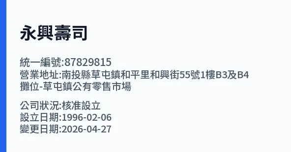 永興壽司的照片-統編 87829815(南投縣) 公司登記資料與營業項目詳細圖表