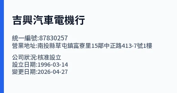 吉興汽車電機行的照片-統編 87830257(南投縣) 公司登記資料與營業項目詳細圖表