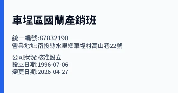 車埕區國蘭產銷班的照片-統編 87832190(南投縣) 公司登記資料與營業項目詳細圖表