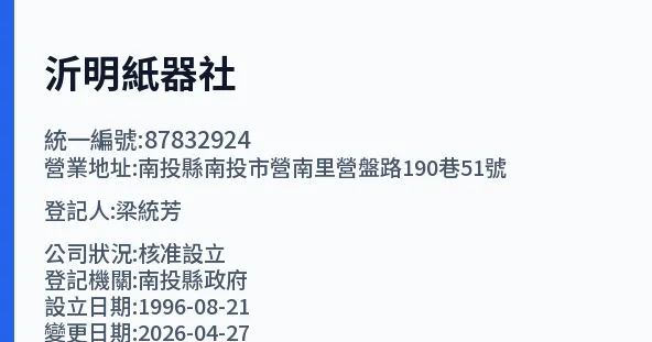 沂明紙器社的照片-統編 87832924(南投縣) 公司登記資料與營業項目詳細圖表